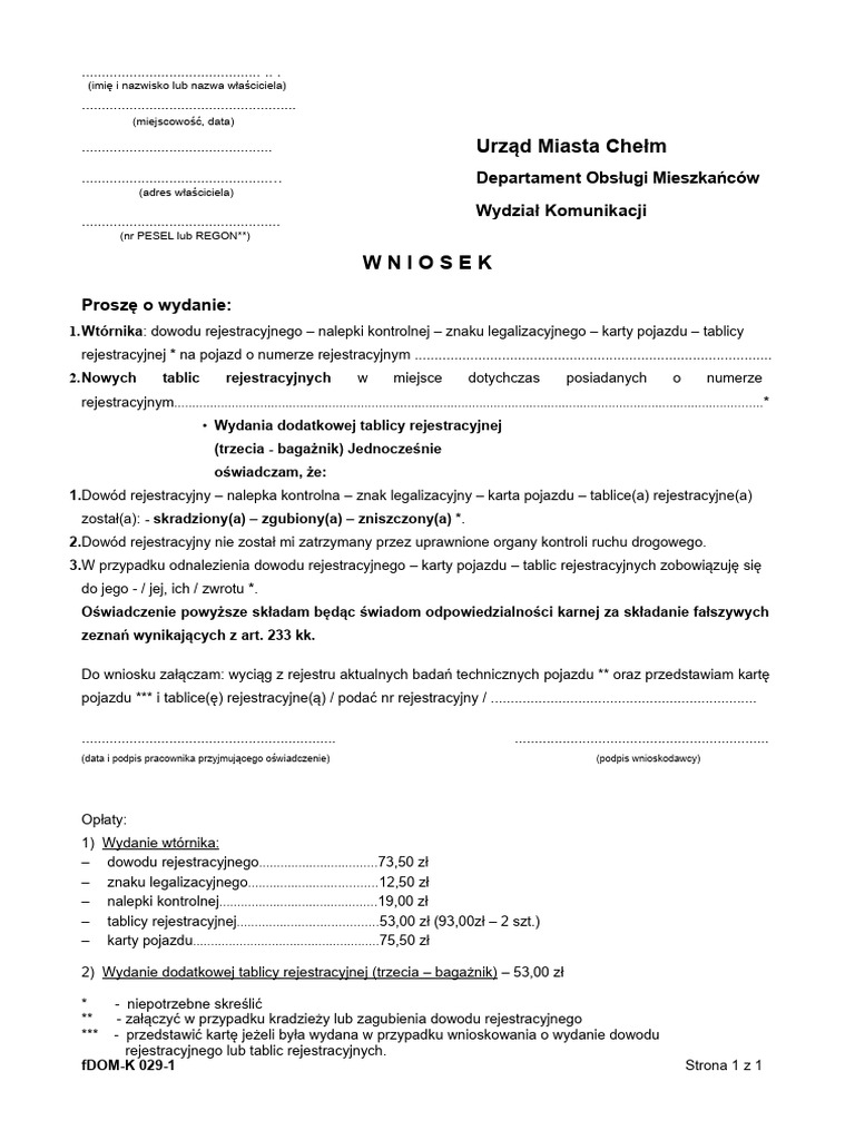 Wniosek o Wydanie Wtórnika-Nowych Tablic Rejestracyjnych | PDF