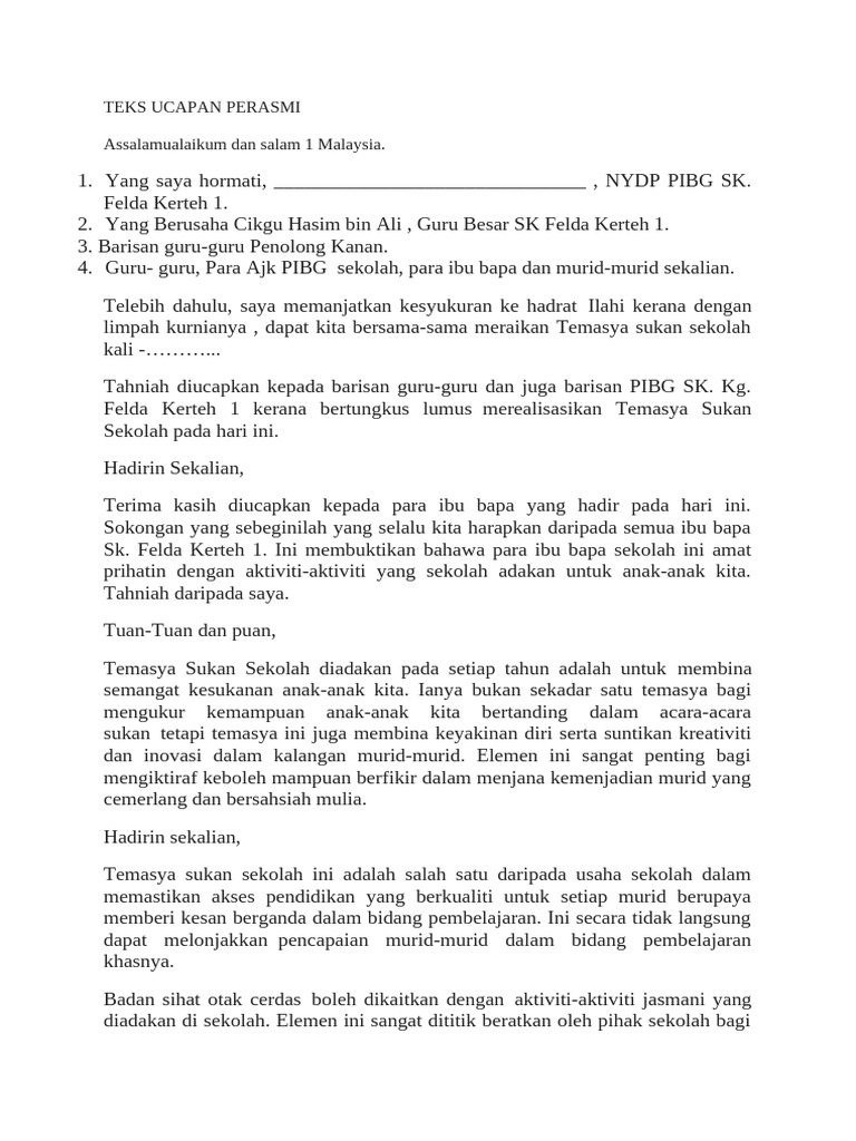 TEKS UCAPAN PERASMI KEJOHANAN SUKAN | PDF