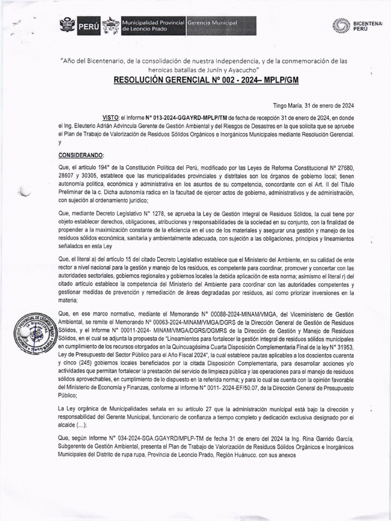 Resolución Gerencial N°002-2024-Mplp GM | PDF