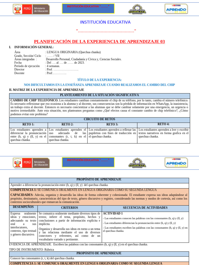 Experiencia de Aprendizaje-Lo 03-Quechua Chanka - 1 y 2 Grado | PDF | Aprendizaje | Segundo lenguaje