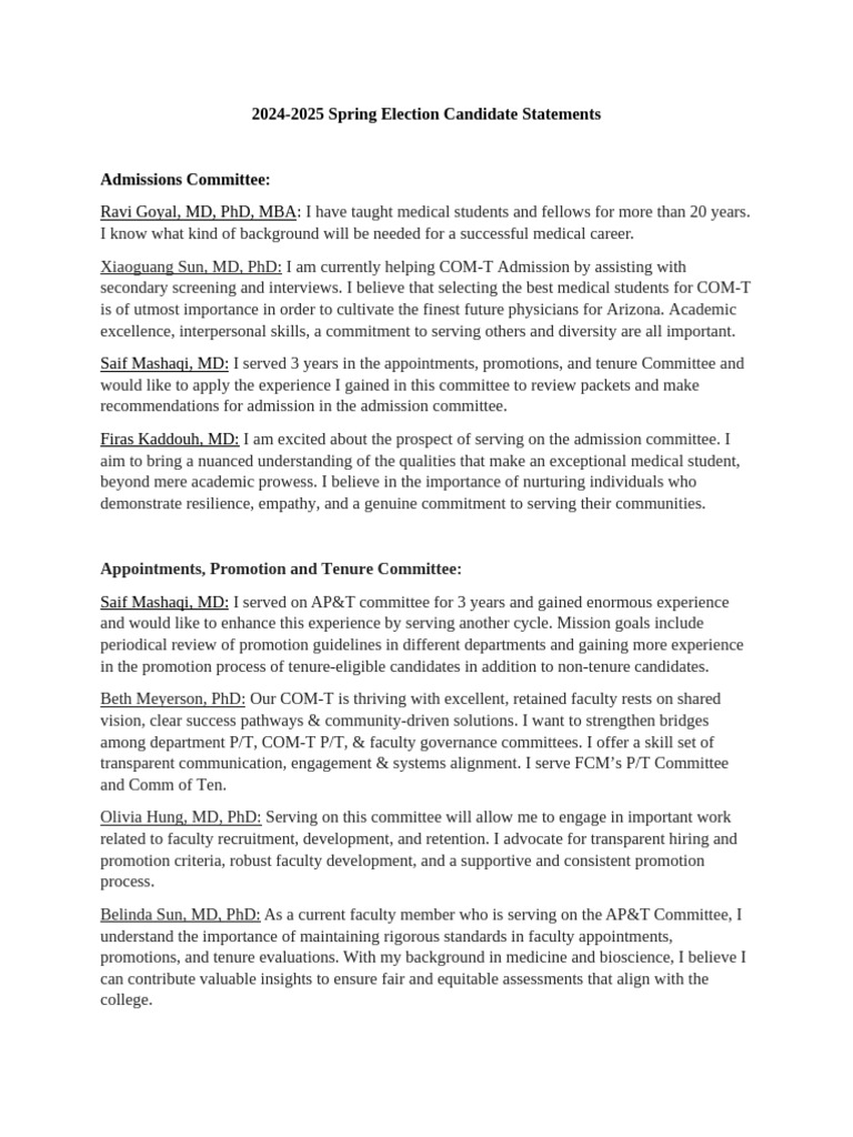2024-2025 Election Candidate Statements | PDF | Doctor Of Medicine ...