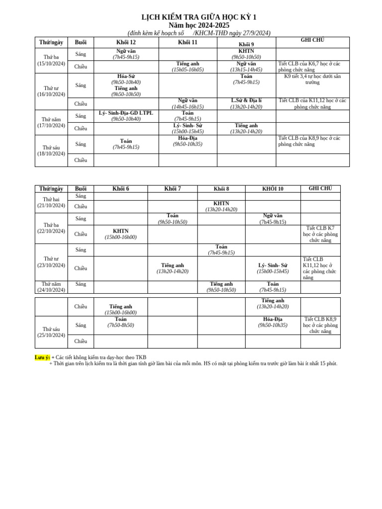 Lich Kiem Tra Ghk1 (2024-2025) | PDF