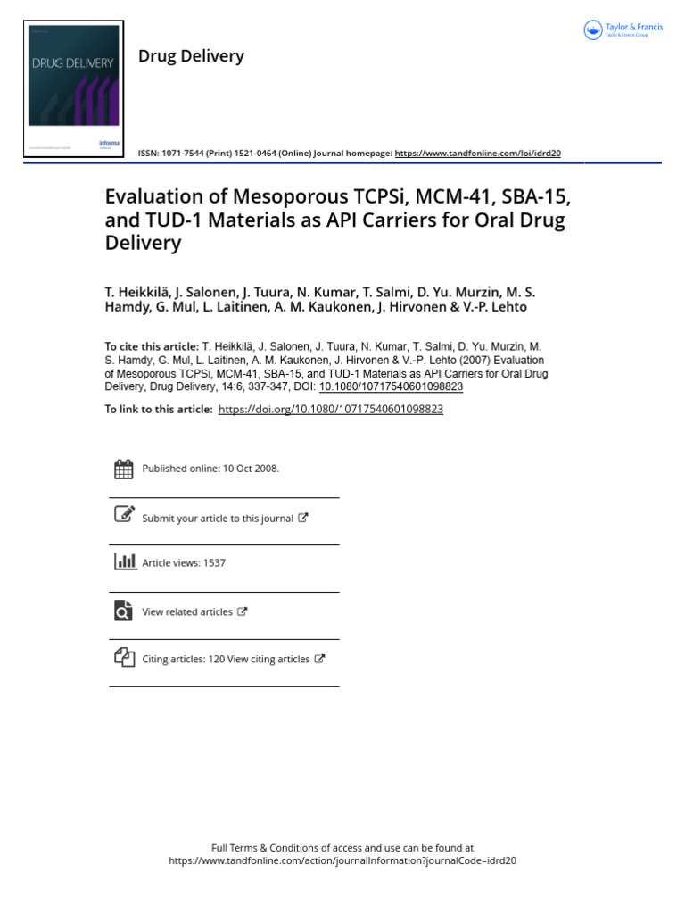 Evaluation of Mesoporous TCPSi MCM 41 SBA 15 and TUD 1 Materials as API Carriers for Oral Drug ...