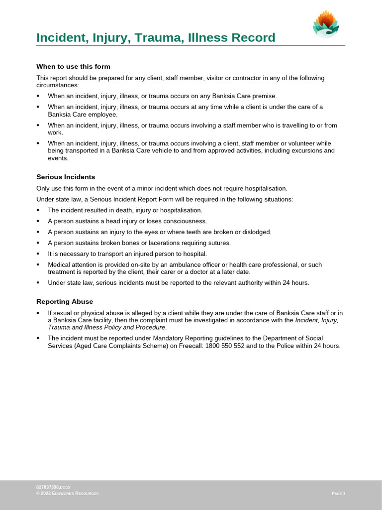 Banksia SD PC T1 Incident Injury Trauma and Illness Record V1.0 ID 200742 Cynthia | PDF ...