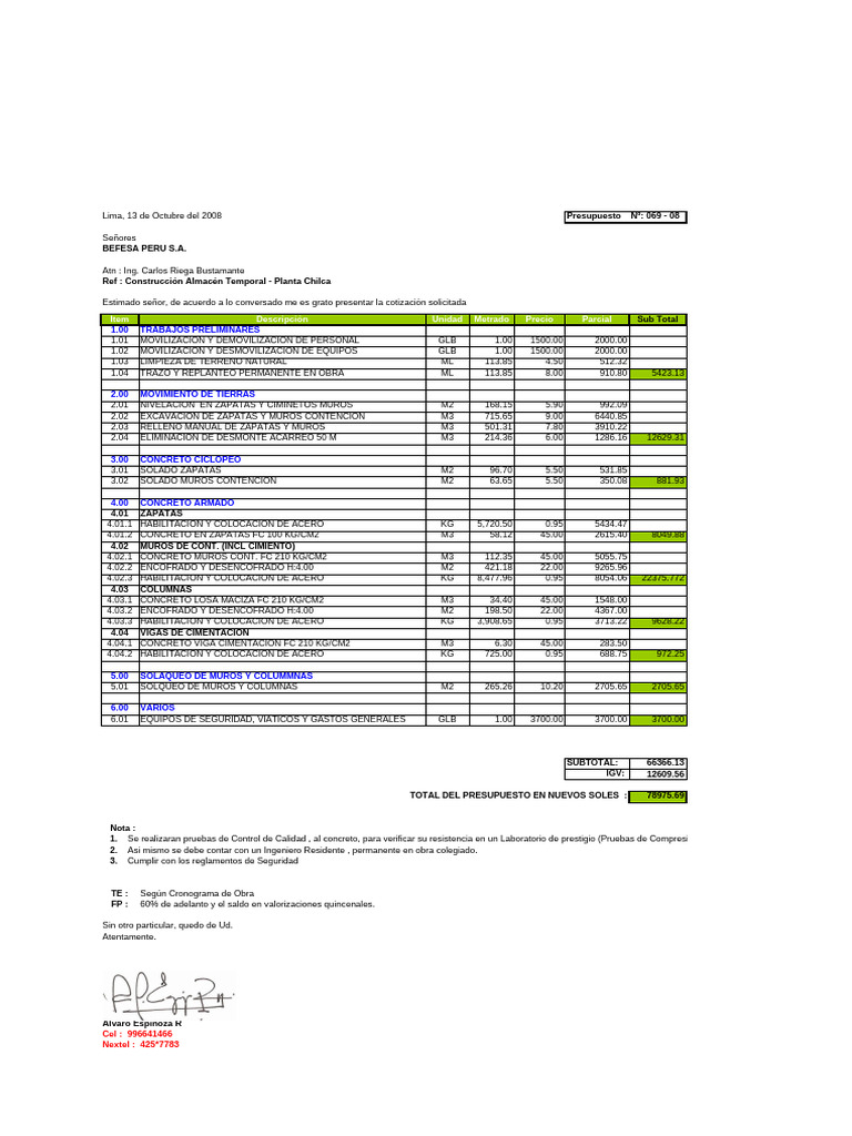 (069-08) - 13.10.2008 - Cot. BEFESA Construcción Almacén Temporal - Planta Chilca | PDF ...