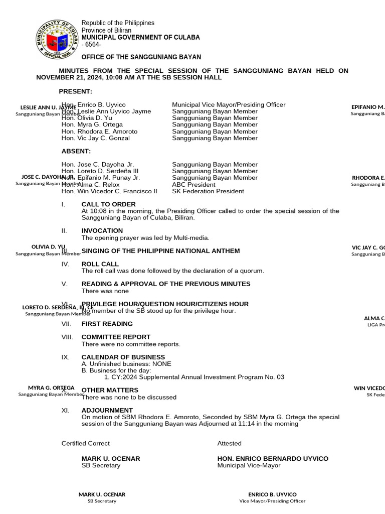 Minutes of SB Special Session, Nov 2024 | PDF | Government | Local ...