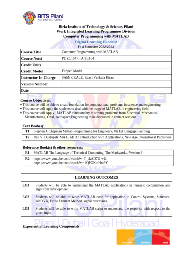 Ta ZC164 Course Handout | PDF | Matlab | Mathematical Optimization