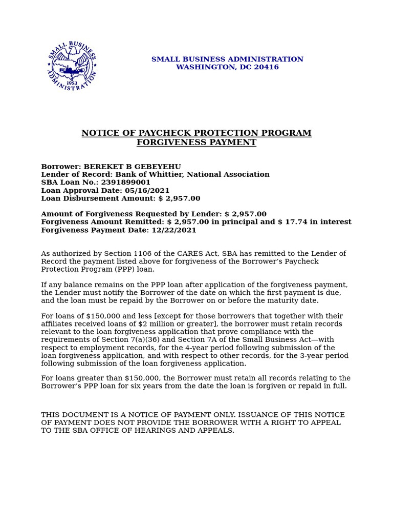 PPP Loan Forgiveness Notice for Borrower | PDF