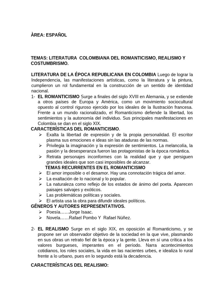 Grado 8, Romanticismo, Realismo y Costumbrismo | PDF | Romanticismo ...