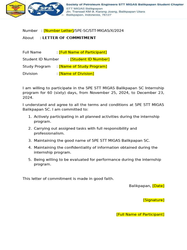 Internship Commitment Letter Template | PDF