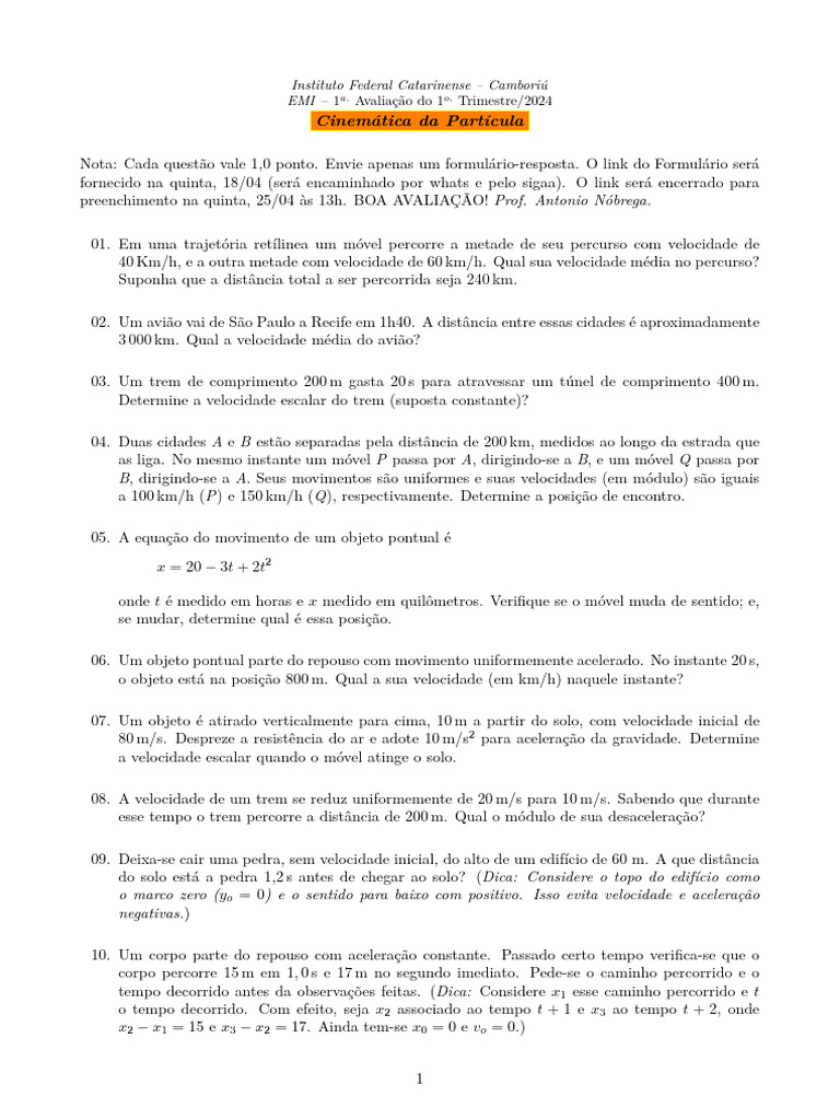 Cinematica.da.Particula_EMI_2024_1T1A (1) | PDF | Velocidade | Cinemática