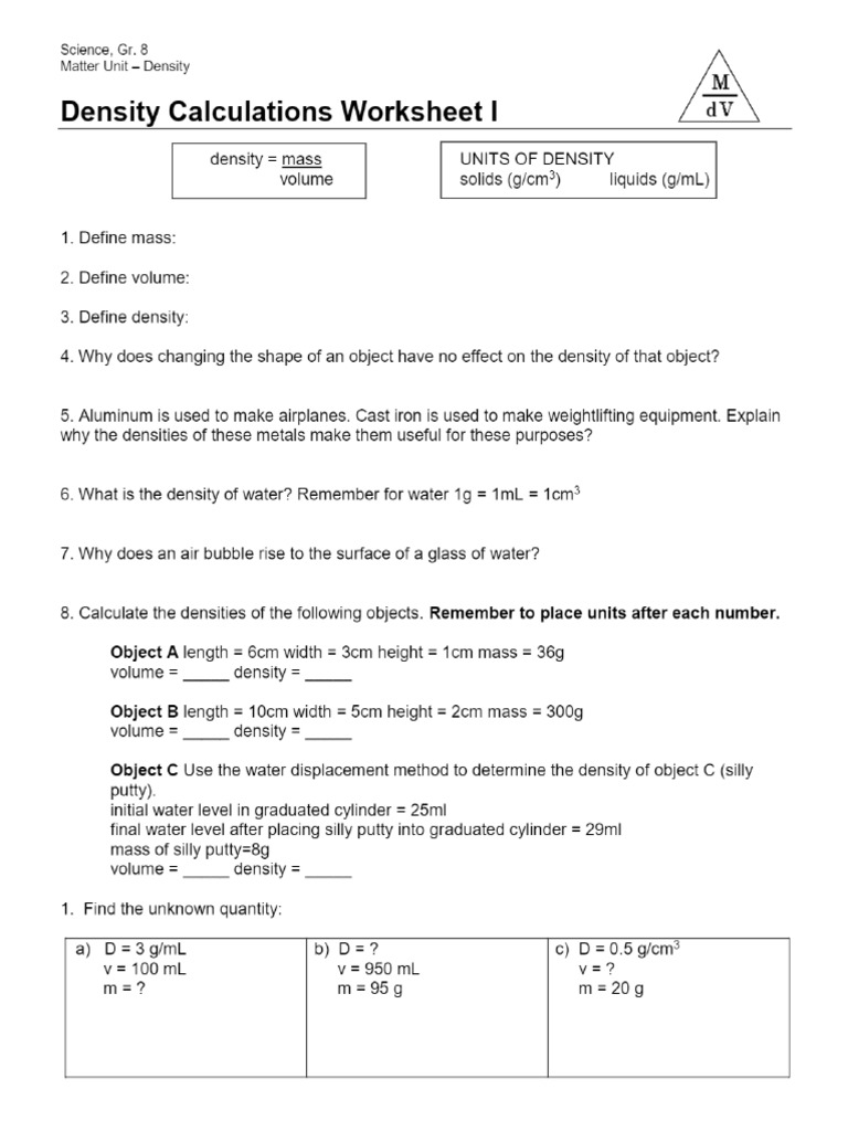 Density Calculations Worksheet I | PDF
