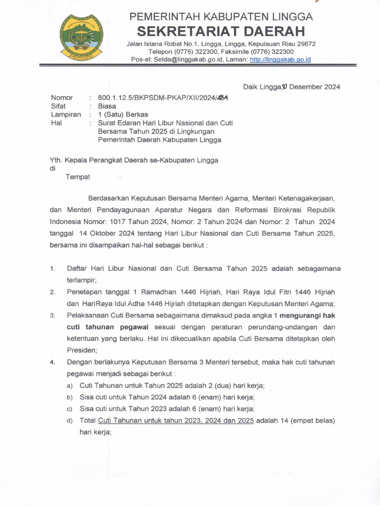 SURAT EDARAN HARI LIBUR NASIONAL DAN CUTI BERSAMA TH. 2025 PEMERINTAH KAB.LINGGA | PDF