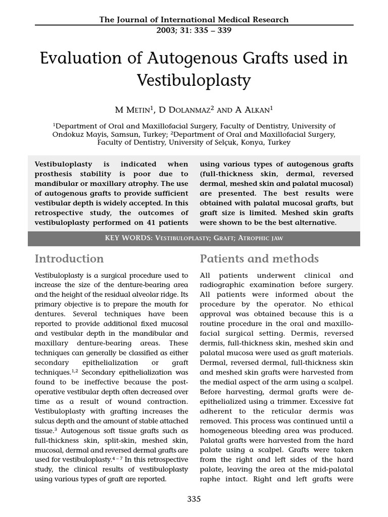 Autogenous Grafts in Vestibuloplasty Evaluation | PDF | Dentures | Skin