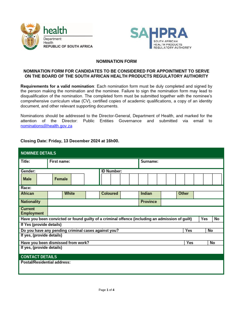 SAHPRA Board Nomination Form | PDF | Common Law | Justice