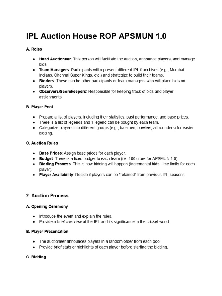 IPL Auction Rules and Roles Overview | PDF | Auction | Cricket