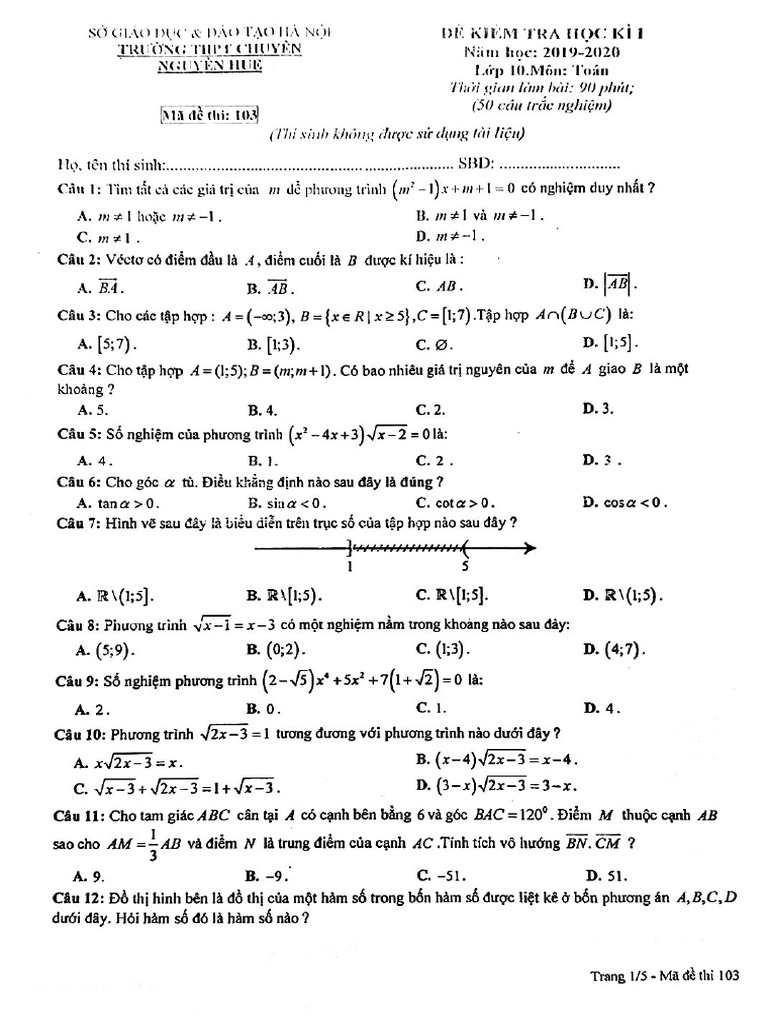 De Thi hk1 Toan 10 Nam 2019 2020 Truong Chuyen Nguyen Hue Ha Noi | PDF