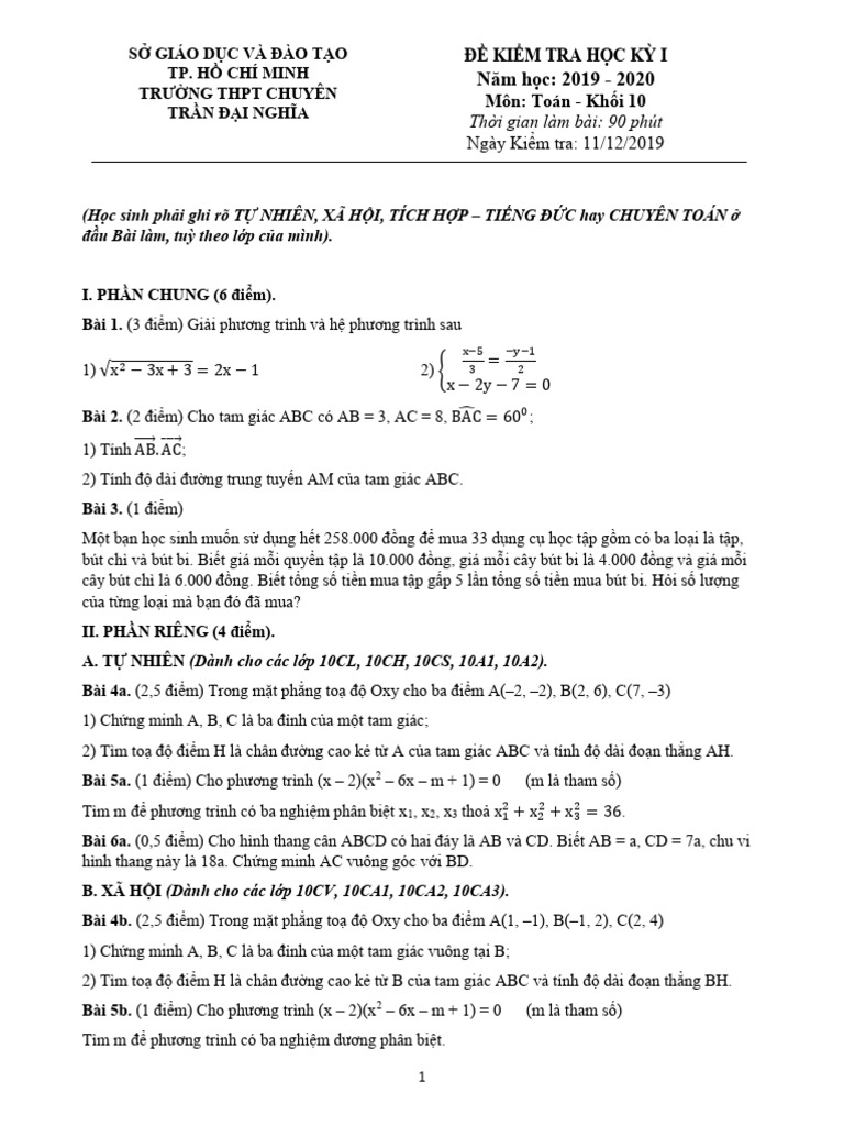De Thi Hoc Ki 1 Hk1 Lop 10 Mon Toan Nam 2019 2020 Truong Thpt Chuyen Tran Dai Nghia Tp Hcm 8274 ...
