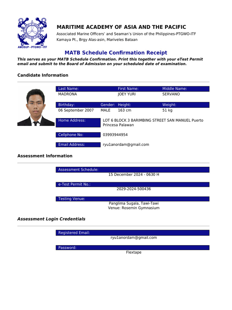 Assessment Schedule Confirmation Receipt | PDF