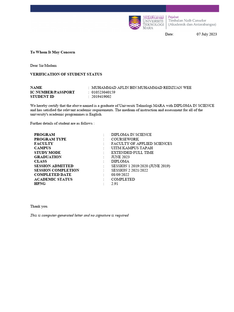 Confirmation of UITM Graduation Status | PDF