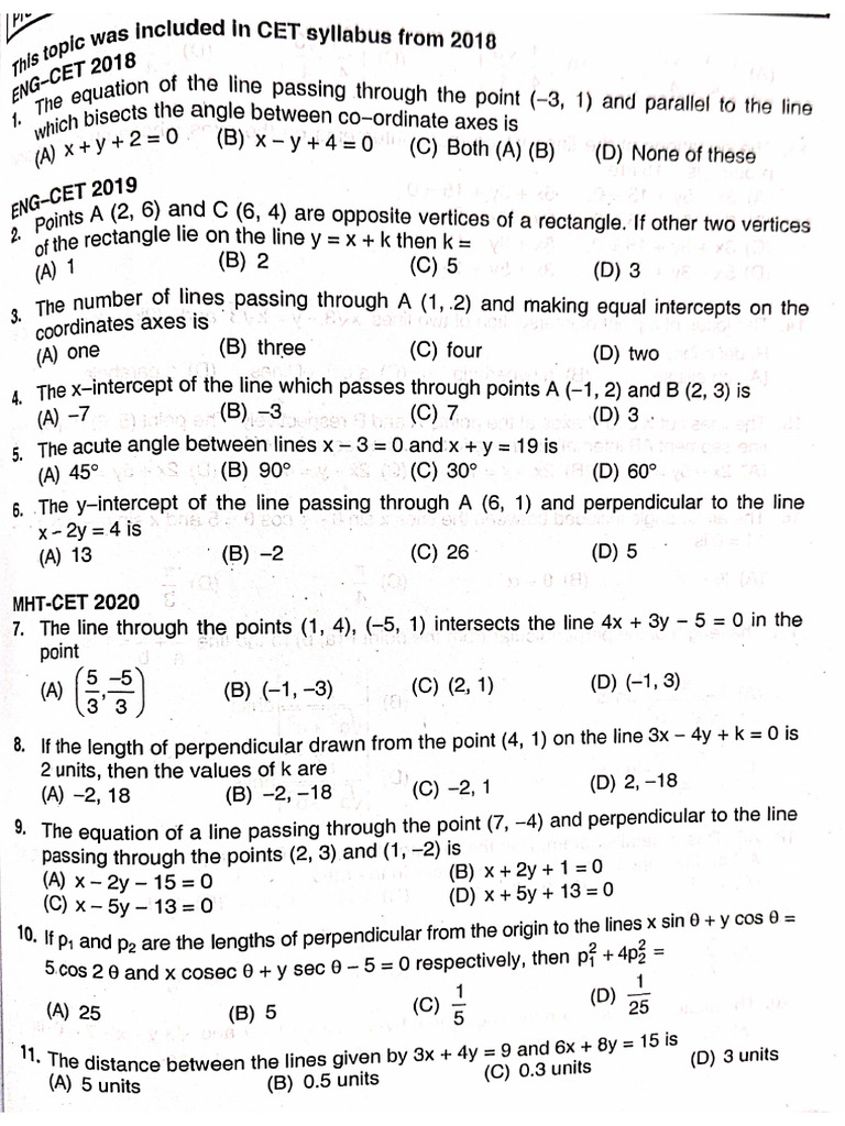 Straight Line PYQS CET | PDF