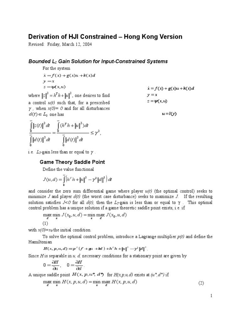 Derivation of HJI Constrained | PDF | Optimal Control | Mechanics
