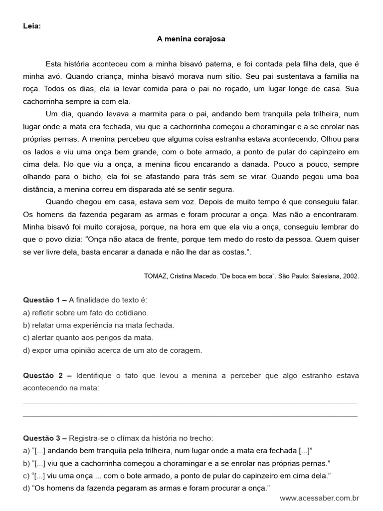 Interpretacao de Texto A Menina Corajosa 7º Ano Word PDF | PDF | Jaguar