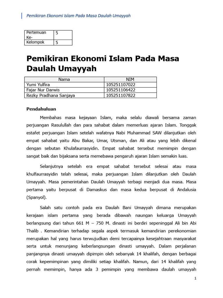 Pemikiran Ekonomi Islam Pada Masa Daulah Umayyah ( kelompok 5 ) (1) | PDF