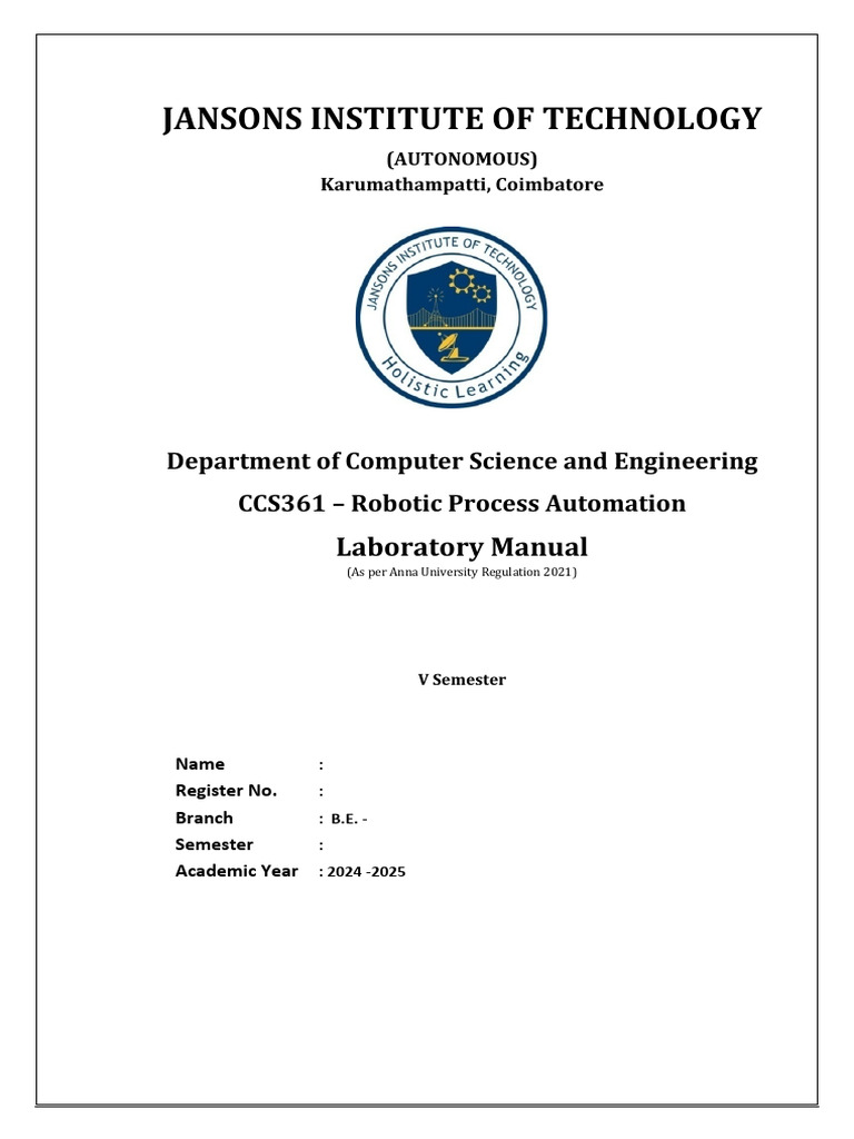 CCS361 - Robotic Process Automation - Lab Manual | PDF | Automation | Parameter (Computer ...