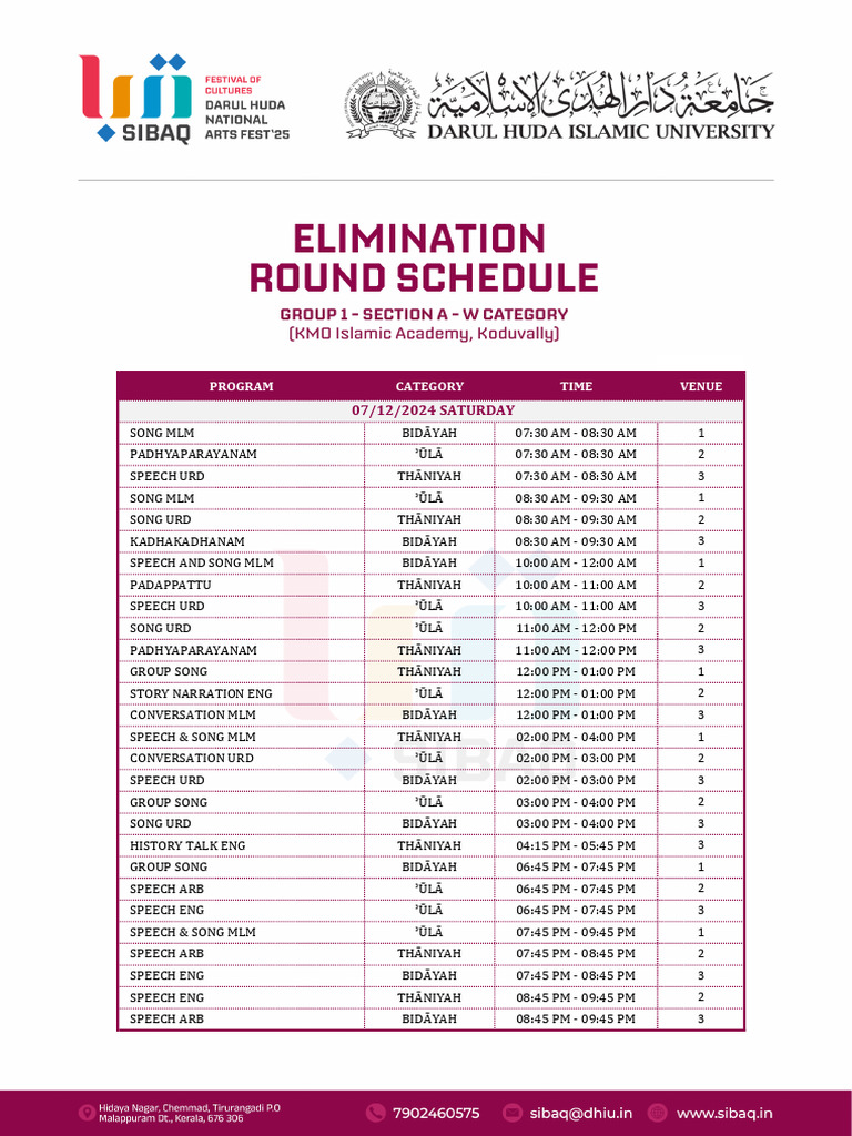 SIBAQ 25 - Elimination Round Schedule - Group 1 - Section A - W, V, X ...