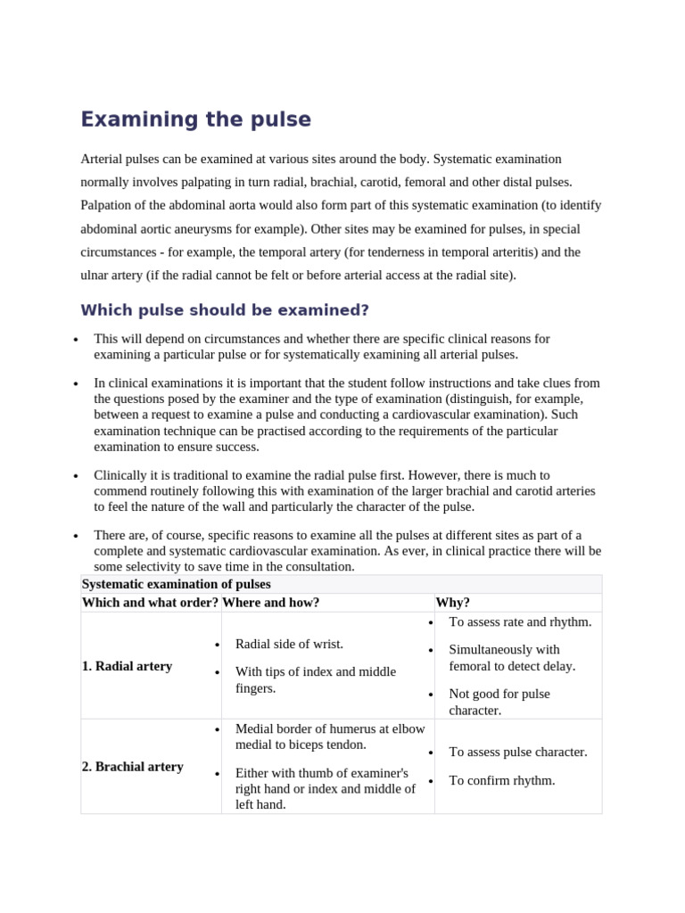 Examining the pulse | PDF | Pulse | Heart