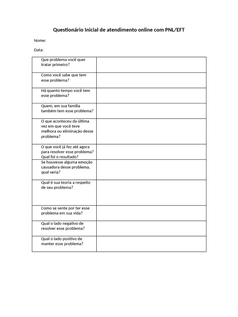 Questionário de PNL/EFT para Atendimento Online | PDF