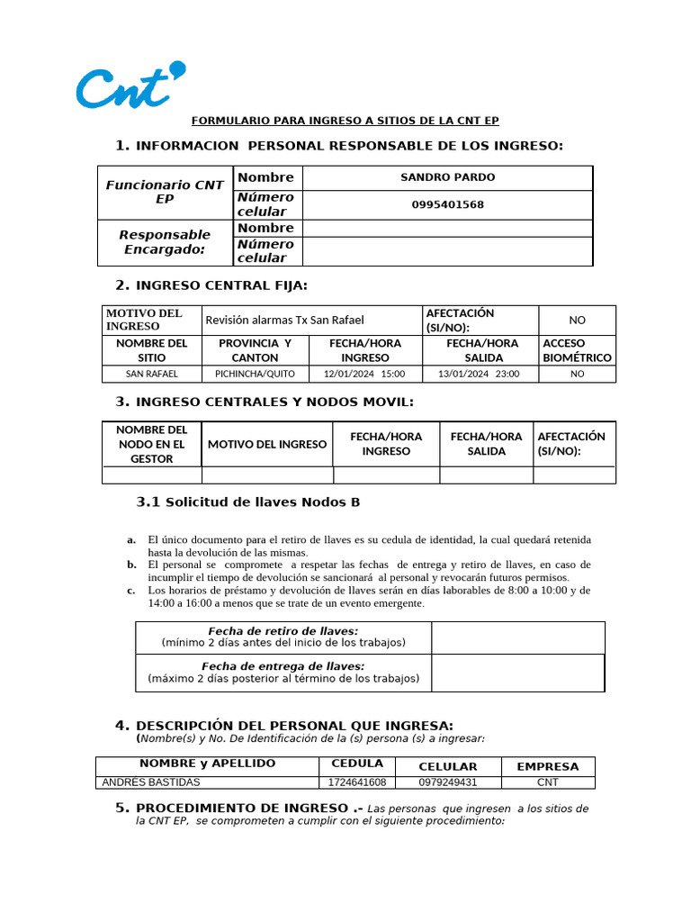 Formulario Ingreso Central CNT | PDF