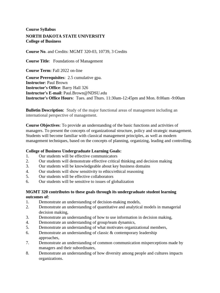 1 Syllabus MGMT 320 Online Fall 2022 (1) | PDF | Academic Dishonesty ...