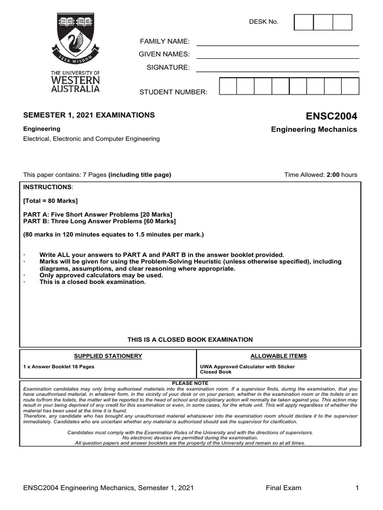 FinalExam ENSC2004 2021sem1 | PDF | Force | Pendulum