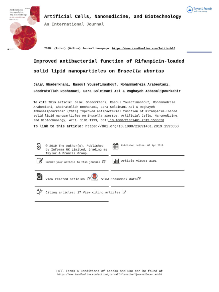 Improved Antibacterial Function of Rifampicin Loaded Solid Lipid Nanoparticles On Brucella ...