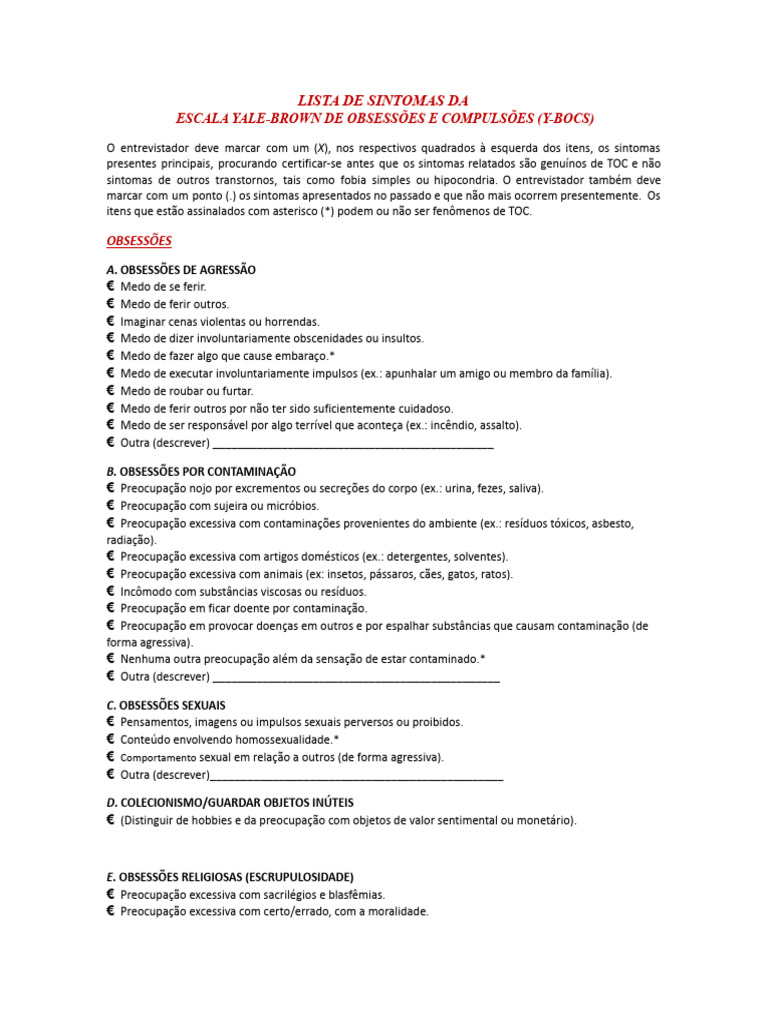 Escala YALE BROWN de Obsessões e Compulsões | PDF | Transtorno obsessivo compulsivo (TOC ...