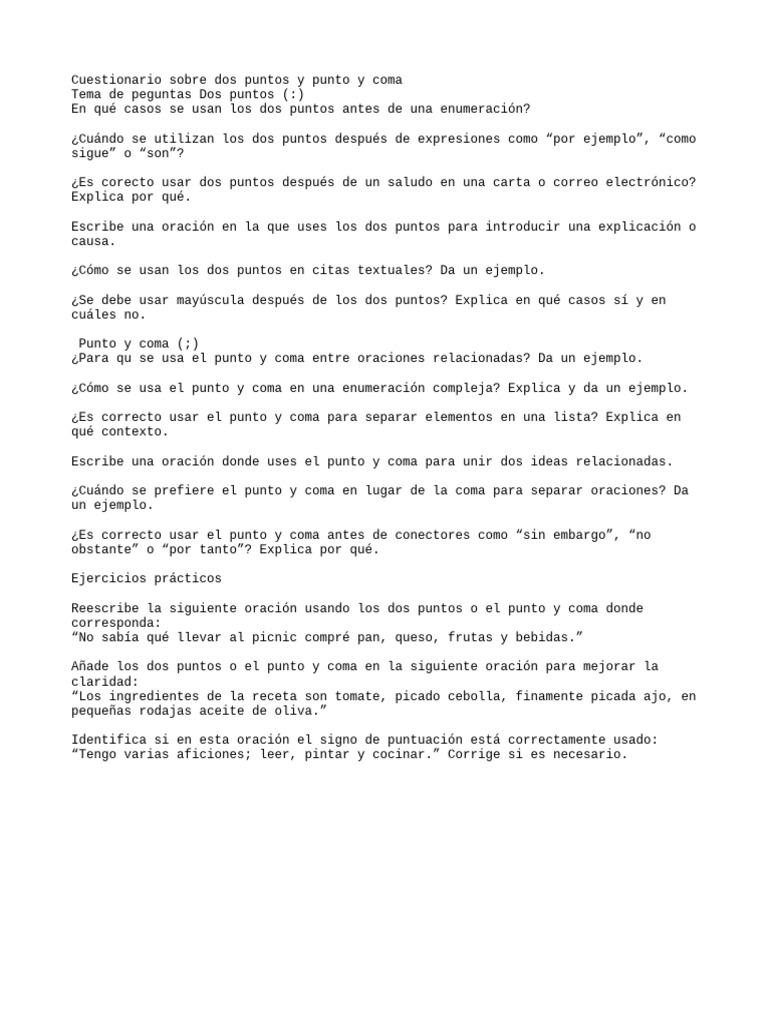 Cuestionario Sobre Dos Puntos y Punto y Coma Jijija | PDF