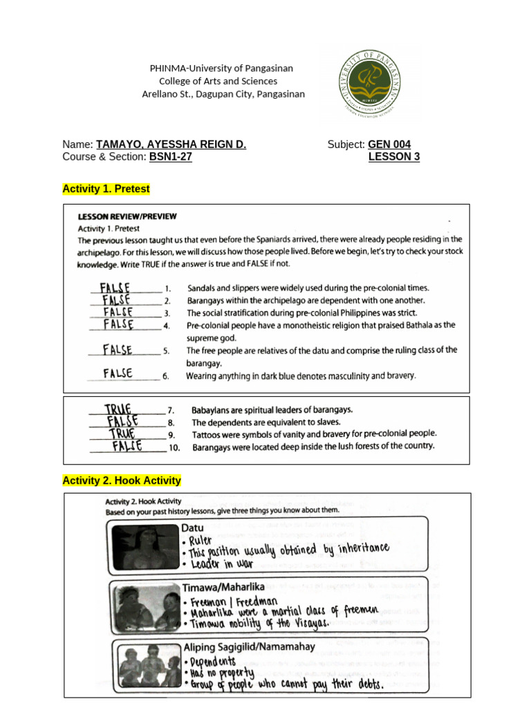 BSN1-27 Lesson 3 Activities | PDF