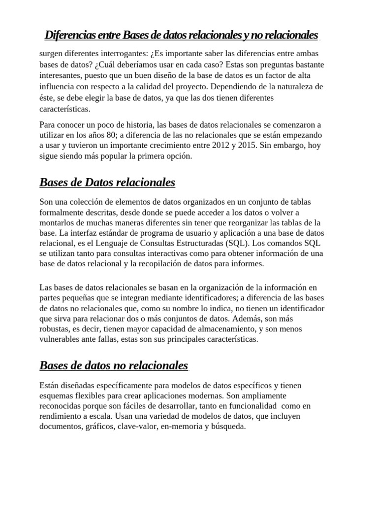 Diferencias entre Bases de datos relacionales y no relacionales | PDF | Bases de datos | Base de ...