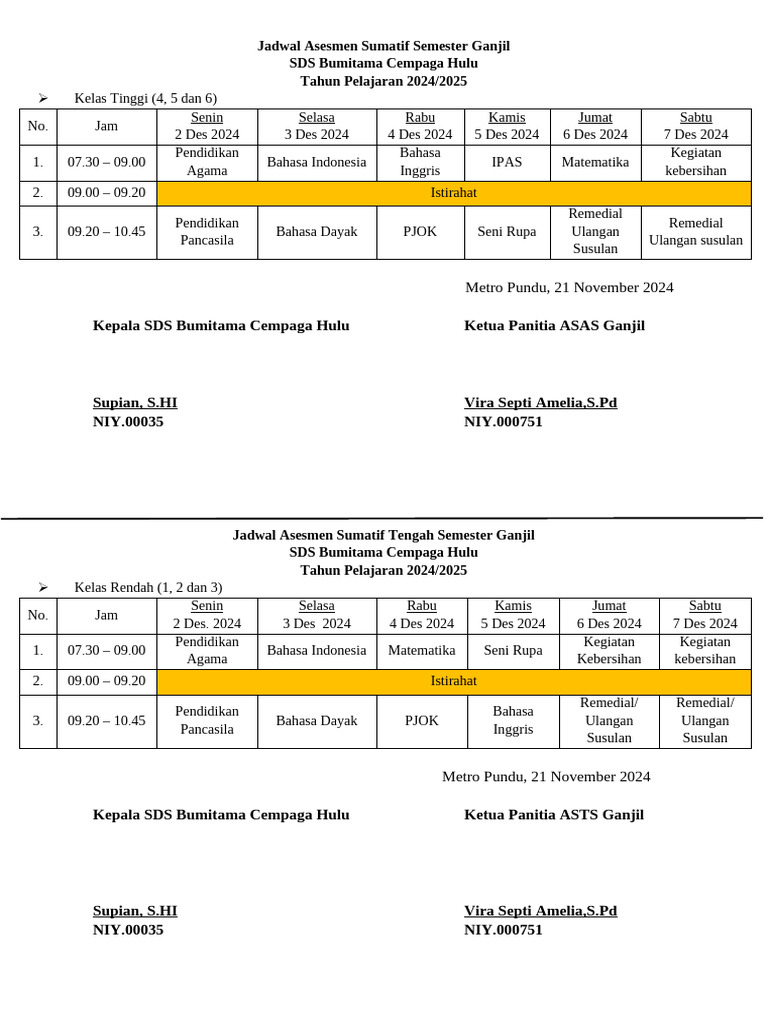 Jadwal ASAS 1 TA 2024-2025 | PDF