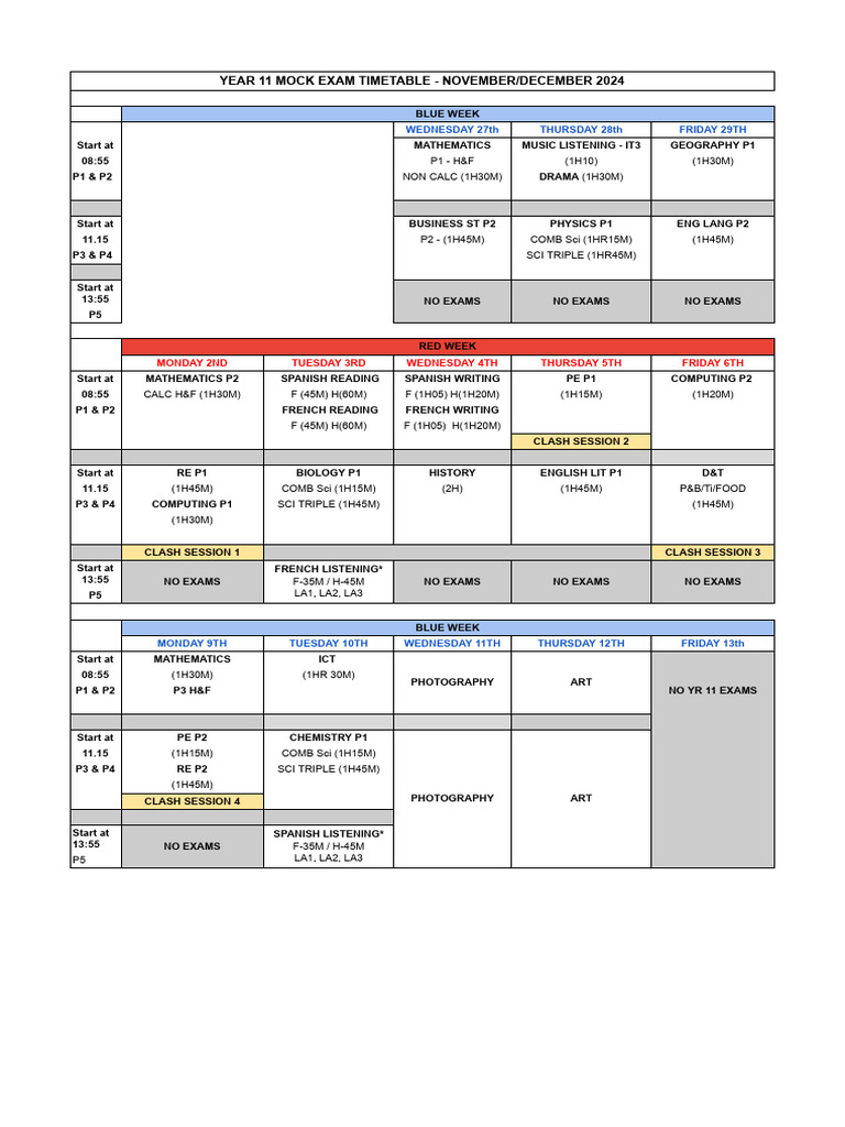 Year 11 Mock Exam Timetable Dece | PDF