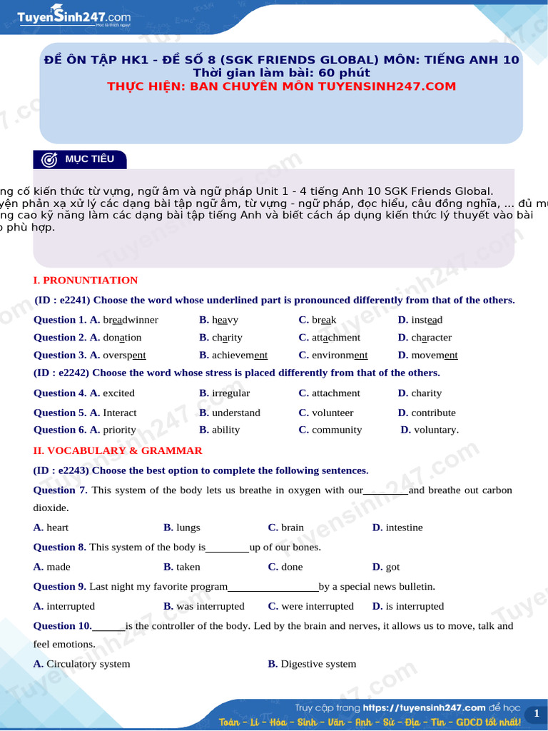 Đề Ôn Tập HK1 - Tiếng Anh 10- Friends Global - Đề Số 3 | PDF | Family | Single Parent