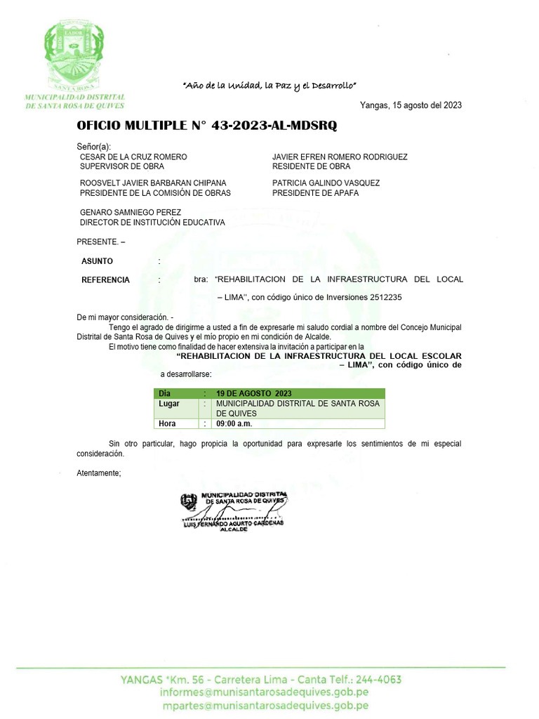 Oficio Multiple 43-2023 Al MDSRQ | PDF