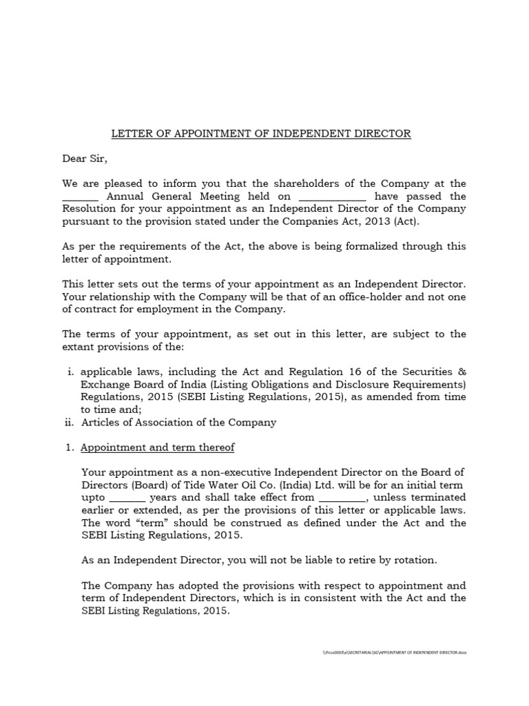 Appointment Letter for Independent Director | PDF | Board Of Directors ...