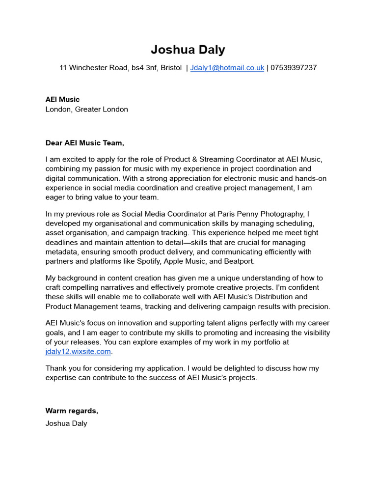 AEI Music Product & Streaming Coordinator - Cover Letter | PDF