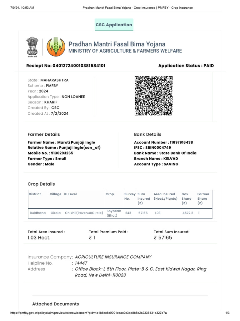 Pradhan Mantri Fasal Bima Yojana - Crop Insurance - PMFBY - Crop Insurance | PDF