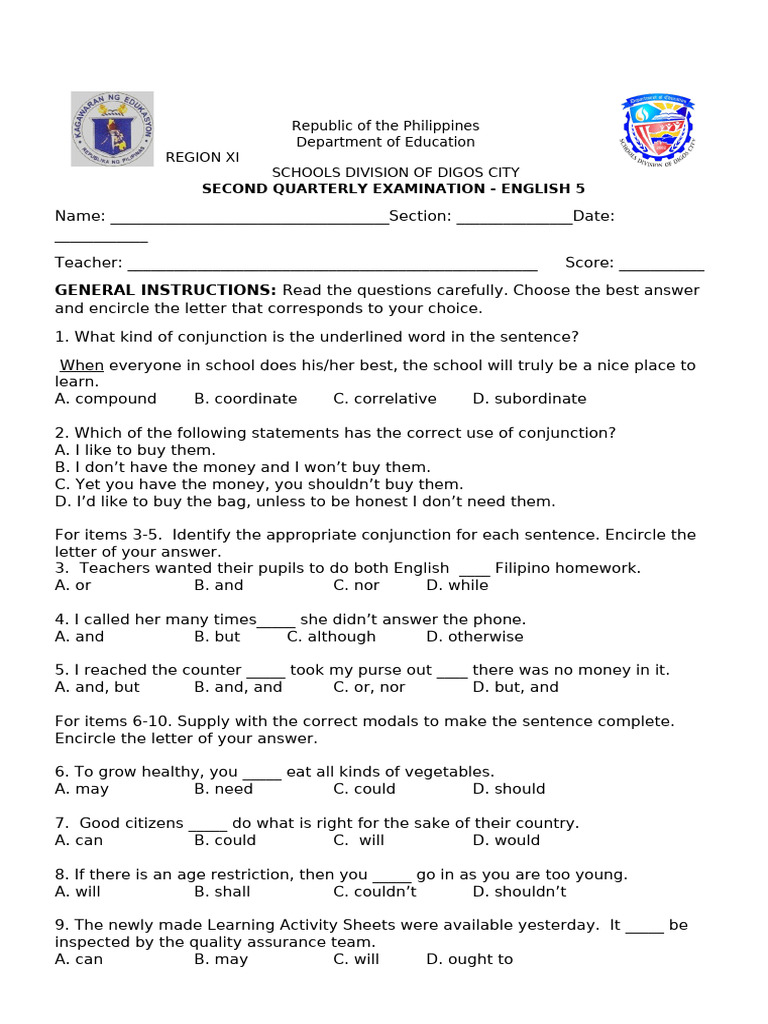 English 5 Q2 Exam | PDF | Verb | Languages