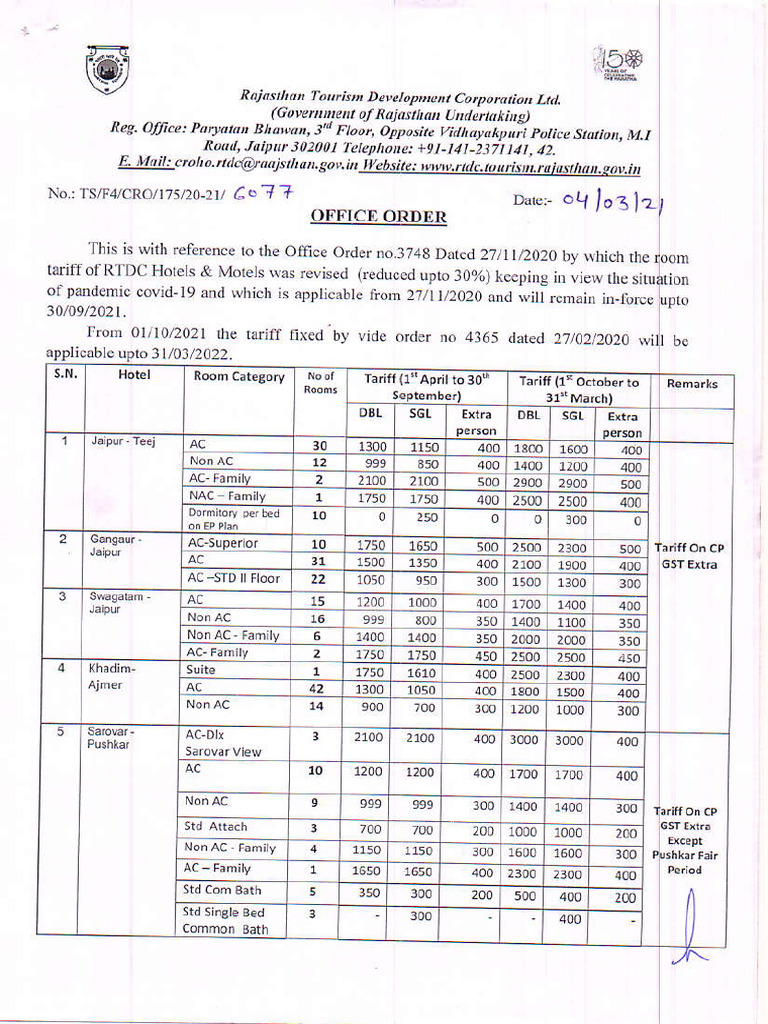 Hotel Tariff 2021 22 | PDF
