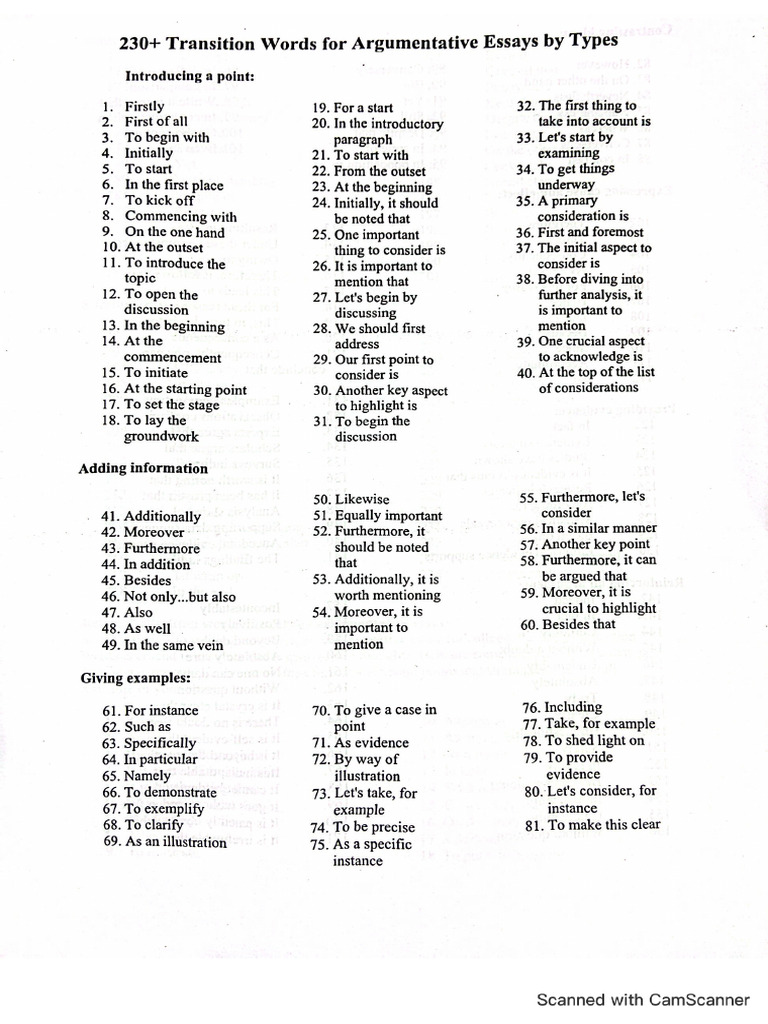 ÷Transition words for argumentative essay | PDF